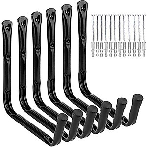 Yisunnan Heavy Duty Giant Garage Storage Hook Wall Mounted Utility Hanging Rack for Surfboard,Ladder,Kayak (6 Pcs Black 10" J Hook)