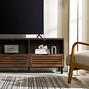 Walker Edison Modern Slatted Wood TV Stand for TV's up to 80" Universal TV Stand for Flat Screen Living Room Storage Cabinets and Shelves Entertainment Center, 70 Inch, Dark Walnut