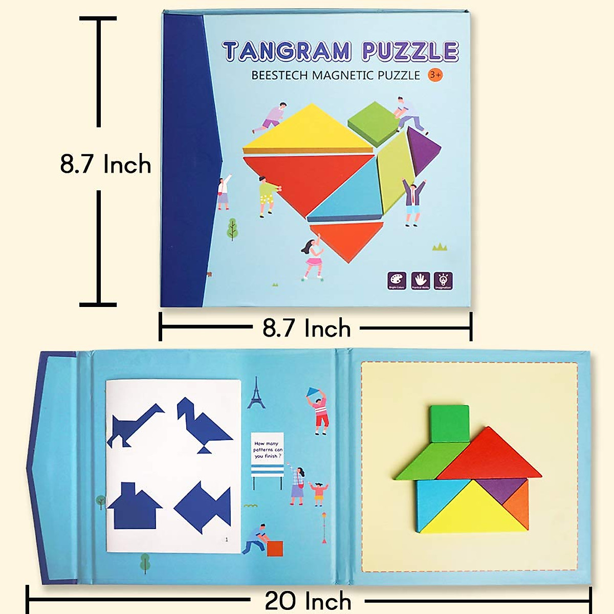 BEESTECH Wooden Tangram Puzzle Book, Travel Games for Kids in Car, Plane or Take Out for Restaurant, Educational Learning Puzzles Toys, On The Go Toys for Kids, Boys, Girls 3,4,5,6,7,8 Years Old