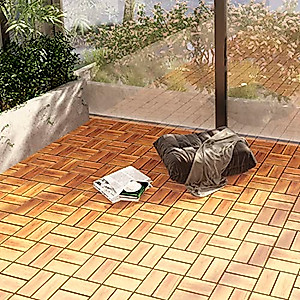 Wood Interlocking Flooring Tiles (Pack of 10, 12" x 12"), Solid Wood Acacia Deck Tiles Interlocking, Patio Tiles Outdoor Interlocking Waterproof All Weather (8 slat, Natural Color)