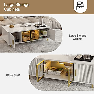 IKIFLY Modern Slate Coffee Table with 16 Colors LED Lights and Glass Doors, Durable Rectangle Design End Table for Living Room Bedroom