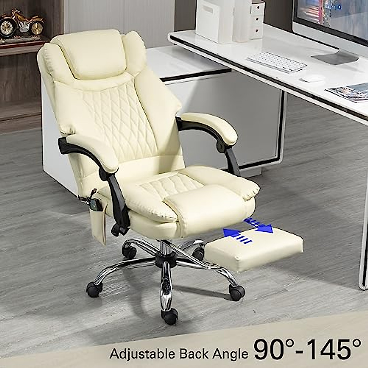 ONPNO Ergonomic Office Chair with Massager, Heated Office Chair Reclining Massage Desk Chair, Home Office Desk Chair w/Foot Rest, Padded Armrest, Height Adjustable Swivel Work Chair (White)