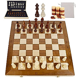 Juegoal 17" Wooden Chess & Checkers Set, 2 in 1 Board Games for Kids and Adults, with Felted Game Board Interior for Storage, Travel Portable Folding Chess Game Sets, 2 Extra Queen, 24 Checkers Pieces