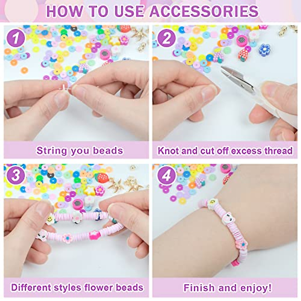 Korlon 7280 Pcs Clay Beads for Bracelets Making, Including 240 Pcs Fruit Flower Polymer Clay Bead Charms with Round Flat Heishi Clay Bead Kit for DIY Craft Necklace Jewelry