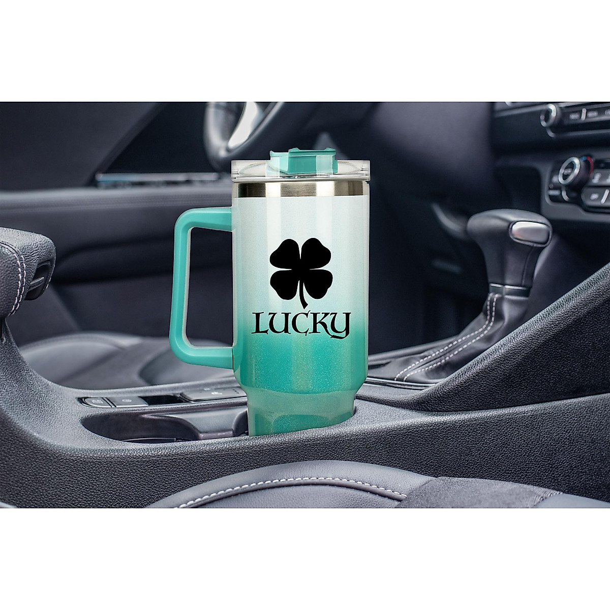 100 North Lucky 4 Leaf Clover Irish St. Patrick's Shamrock Wrap-Around 40 Oz. Stainless Steel Water Bottle Coffee Mug, Spill & Leak Resistant, Travel Tumbler with Handle, Lid & Straw, White & Purple