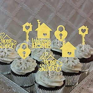 24 Pack Sweet Home Cupcake Toppers Glitter Key Lock Housewarming Cupcake Picks New Home Theme Party Welcome New House Party Cake Decorations Supplies Gold