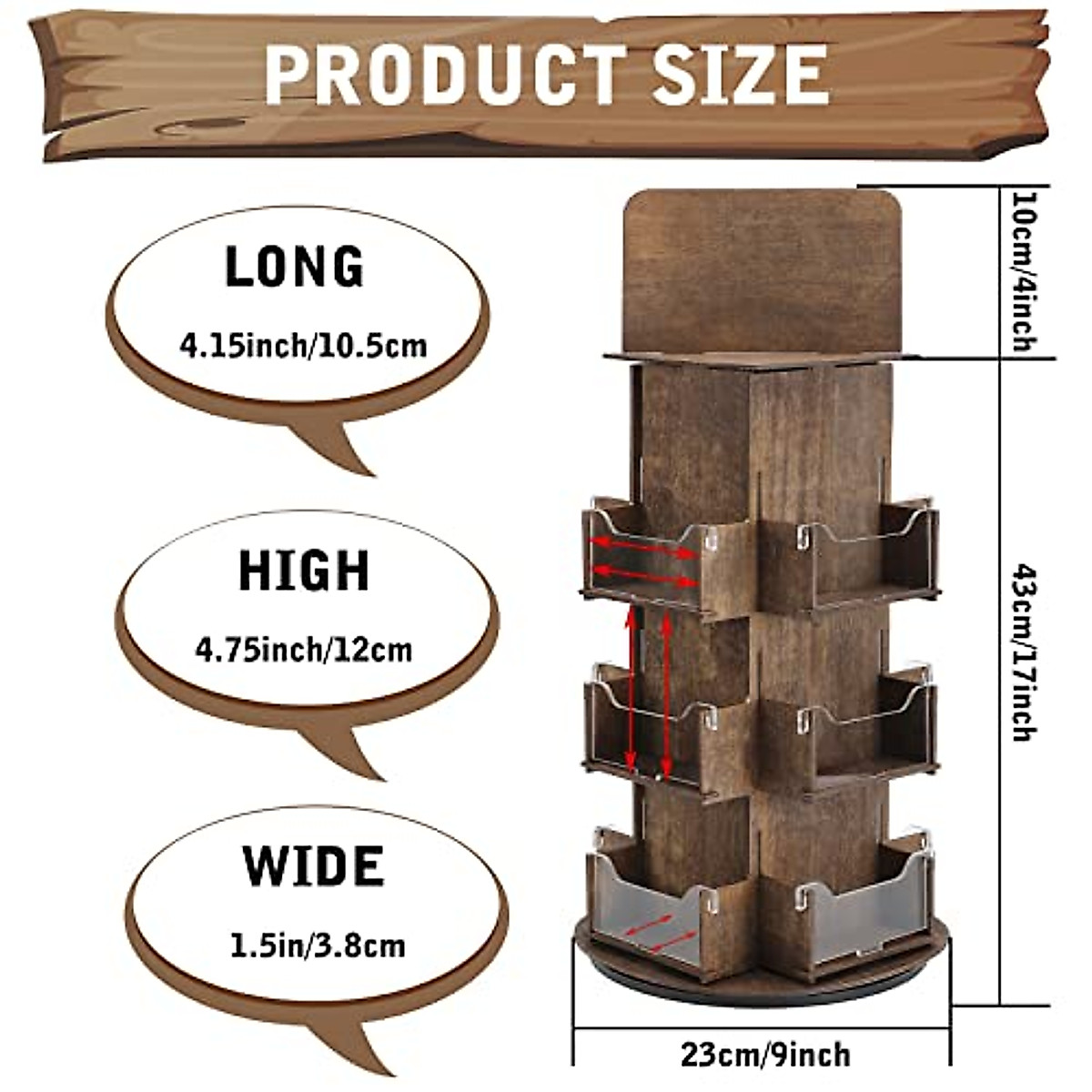 Rotating Display Stand 3 Tier Wood Rotating Rack 4 Sided Display Rack Counter Top Spinner Display Stand 360 Degree Rotating Tabletop Display Stand for Retail Trade Shows Craft Shows Showcase (Brown)