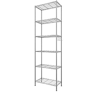 BATHWA 6-Tier Metal Wire Rack, Free Standing Shelving Unit, Adjustable Heavy Duty Storage Shelves for Kitchen Organization, with Leveling Feet and Stainless Side Hooks, Silver
