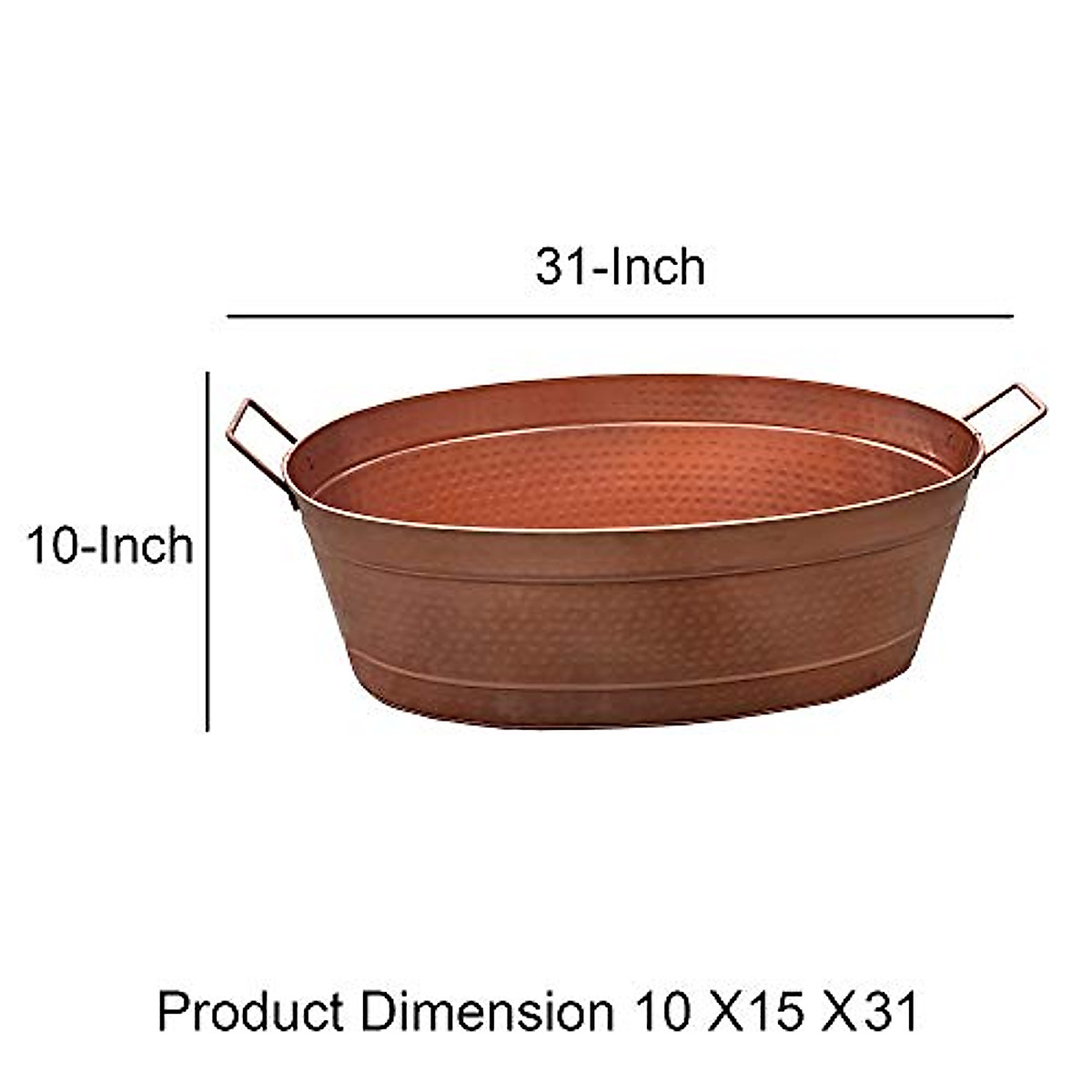 Benjara BM195214 9.5 x 15 x 30.5 in. Oval Shape Hammered Texture Metal Bath Tub with 2 Side Handles, Copper