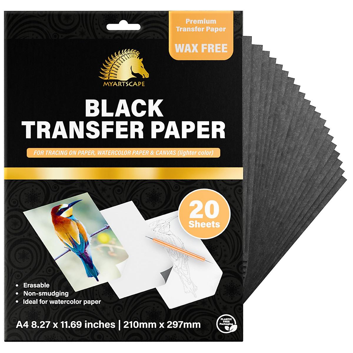 MyArtscape Graphite Transfer Paper, 20 Black Sheets - Wax Free - Erasable - Smudge-Free - Ideal for Drawing, Tracing and Watercolor Transfer - Premium Arts and Crafts Supplies