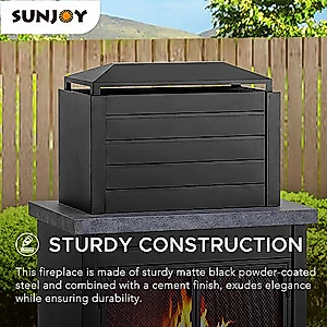 Sunjoy Outdoor Fireplace, Patio Wood Burning Steel Fireplace with Chimney, Log Holders, Fireplace Tool and PVC Cover, Black