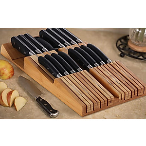 Bamboo In-Drawer Knife Block for 16 Knives and 1 Sharpening Steel(No Knife Included), Large Detachable Washable Kitchen Knife set, Drawer Knife Set Storage, Knife Organizer and Holder