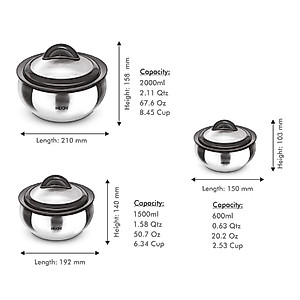 Milton Casserole with Glass Lid Set of 3 for Hot Food, Insulated Hot Pot, Stainless Steel, Serving Box (bowl, dish) for Food and Roti, Sizes 19 oz, 41 oz and 66 oz, Clarion