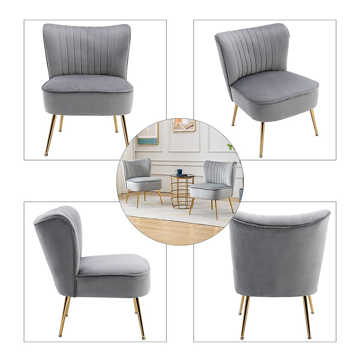 DUOMAY Modern Accent Chair Set of 2 Velvet Slipper Chair with Gold Legs Wingback Side Chair for Living Room Bedroom Entryway Small Corner Chair for Space Saving, Grey
