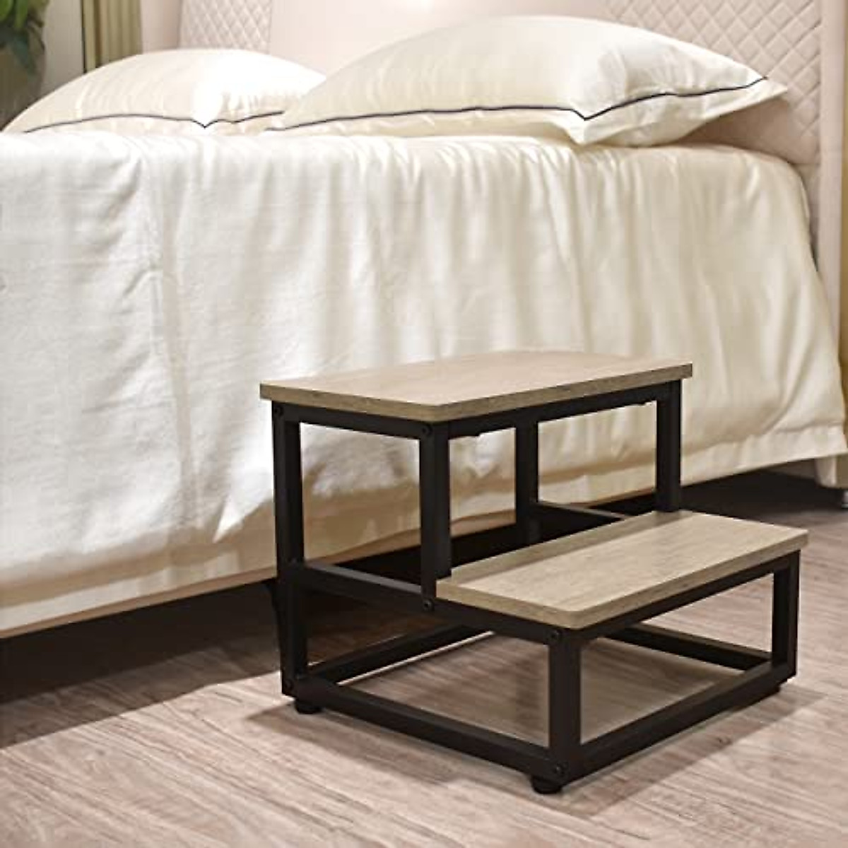 SZLHANJZ Multi Purpose Wood & Metal 2 Step Stools for Adults Kids, Round Corner Dog Steps Bed Step Stools for High Beds, Portable Stepping Stool for Bedroom Kitchen, Load 500 LB, Beige