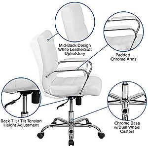 Flash Furniture Whitney Mid-Back Desk Chair - White LeatherSoft Executive Swivel Office Chair with Chrome Frame - Swivel Arm Chair