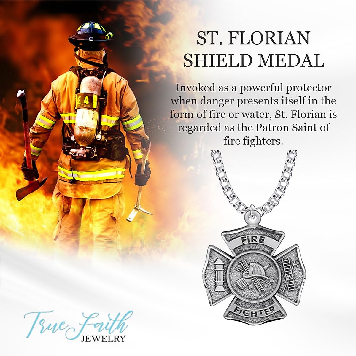 TrueFaithJewelry Sterling Silver St Florian Fire Fighter Shield Medal Patron Saint Pendant Necklace, 1 Inch