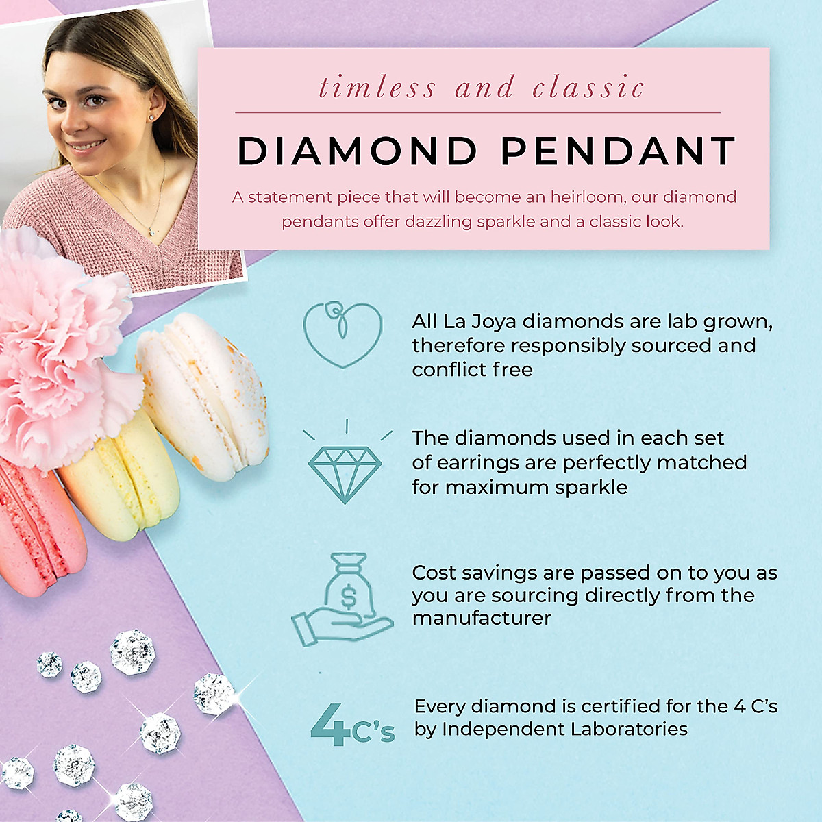 La Joya Sterling Silver Diamond Necklace For Women | Lab Grown 1/6 CT. TW. Bezel Set Single Diamond Necklace | Ideal Gold Plated Solitaire Diamond Necklace for Girls and Teens