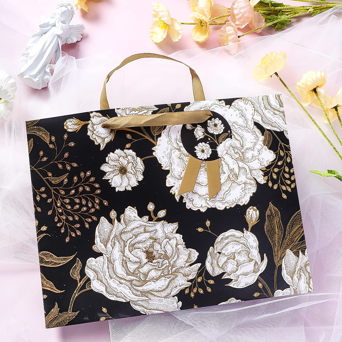 Loveinside Black and Gold Gift Bag Foil Floral with Tissue Paper for Mother's day, Birthday, Valentine's Day, Wedding, Anniversaries, Engagements - 13" x 10" x 5", 1 Pcs