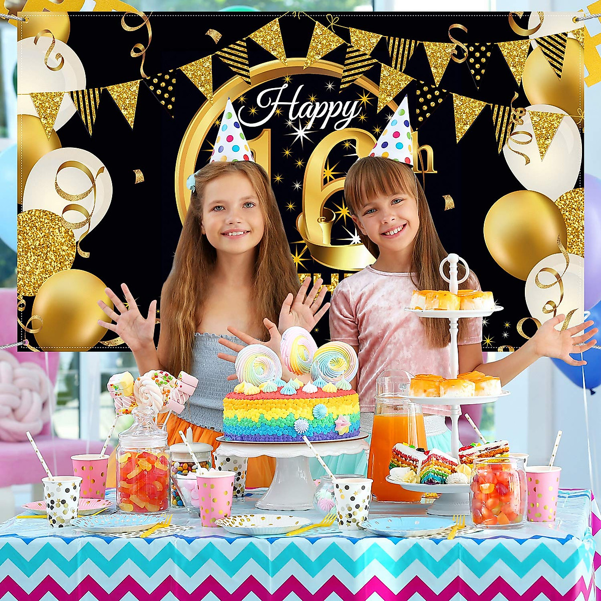 Blulu Birthday Party Decoration Extra Large Fabric Black Gold Sign Poster for Anniversary Photo Booth Backdrop Background Banner, Birthday Party Supplies, 72.8 x 43.3 Inch (16th)