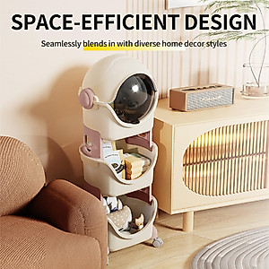 UNICOO Kids Spaceman Toy Storage Organizer, 3-Tier Stackable Plastic Rolling Cart, Multi-Functional Children's Storage Rack Shelf with Wheels for Playroom, Bedroom, Classroom, Nursery (Pink & White)