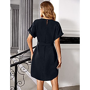 HOTOUCH Women's Summer Dress Short Sleeve Casual Tie Waist Tunic Dress Navy Blue