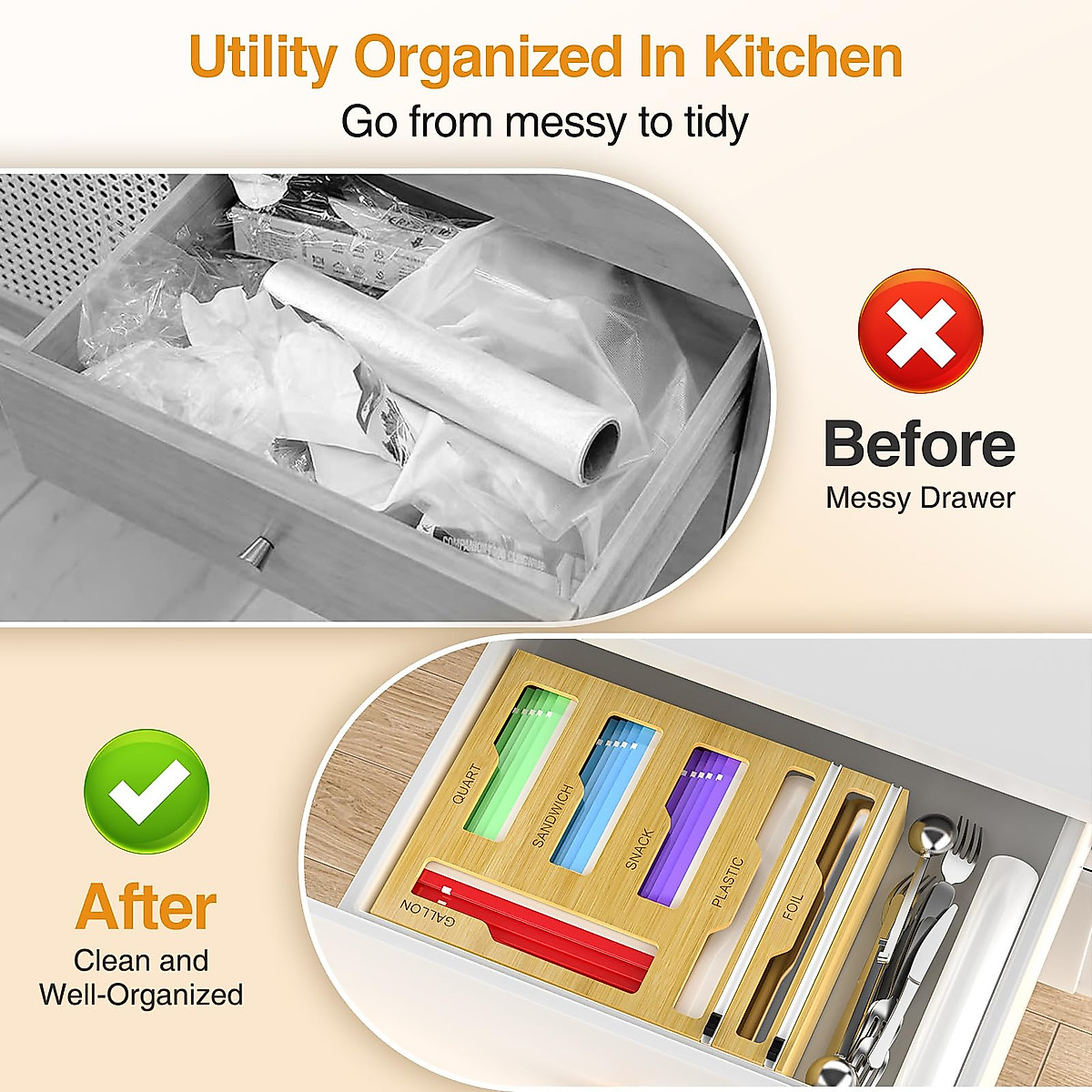 HOSTENU 6 in 1 Storage Bag Organizer for Kitchen Drawer, Bamboo Foil and Plastic Wrap Dispenser with Cutter, Food Baggie Organizer for Drawer, Plastic Bag Organizer for Gallon, Quart, Sandwich, Snack