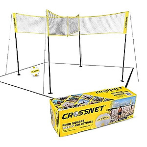 CROSSNET Quick Assemble 4 Square Volleyball Game Set for Adults and Kids with Volleyball Net, Backpack and Ball for Outdoor Games