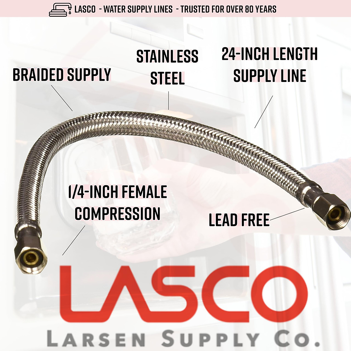 LASCO 10-0946 2-Foot Ice Maker Water Supply Line, Braided Stainless Steel, X 1/4-Inch Female Compression, 1-Pack