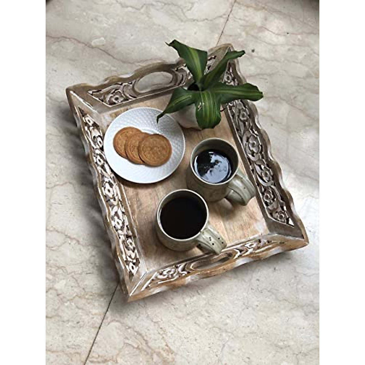 Gorgeous Birthday Housewarming Gift Ideas Handmade Decorative Designer Wood Serving Tray with Handles Ottoman Fruit Tray Breakfast Snack Food Coffee Tray Dining Kitchen Tableware 15 x 12 Inches