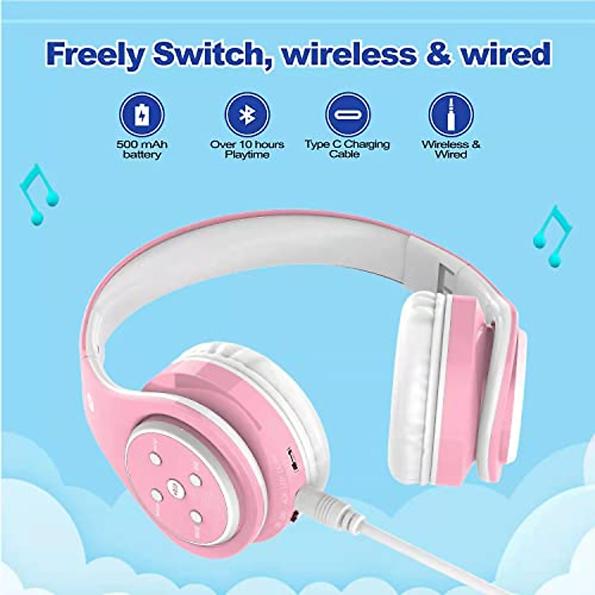 Woice Kids Bluetooth Headphones 85db/110db Volume Limit Wireless/Wired Aux Port Foldable Noise Protection Over-Ear Build-in Mic Headphones for Kids Adults Travel School Phone Pad Tablet PC Pink
