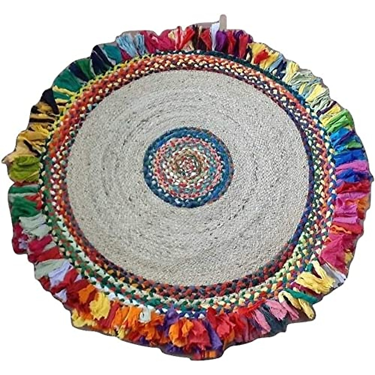 Devik Decor Braided Boho Natural Cotton Chindi & Jute Rugs Reversible Non Slip Carpet Round Area Rug for Farmhouse Living Room Bedroom Kitchen Outdoor Mate, AR02 (3FT_Round (36 Inches X 36 Inches))