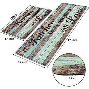 Farmhouse Kitchen Rugs Sets of 2, Personalized Kitchen Mats Cushioned Anti fatigue, Wooden Kitchen Rugs Non Slip Washable, Teal Kitchen Floor Mats for in Front of Sink, 17'' x 47'' + 17'' x 30''