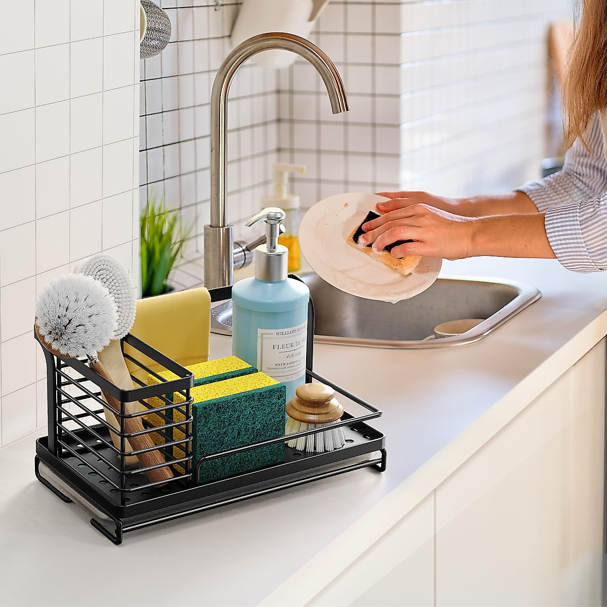 Nieifi Sink Caddy Organizer Countertop Sponge Brush Soap Holder with Drain Pan Stainless Steel for Kitchen Black