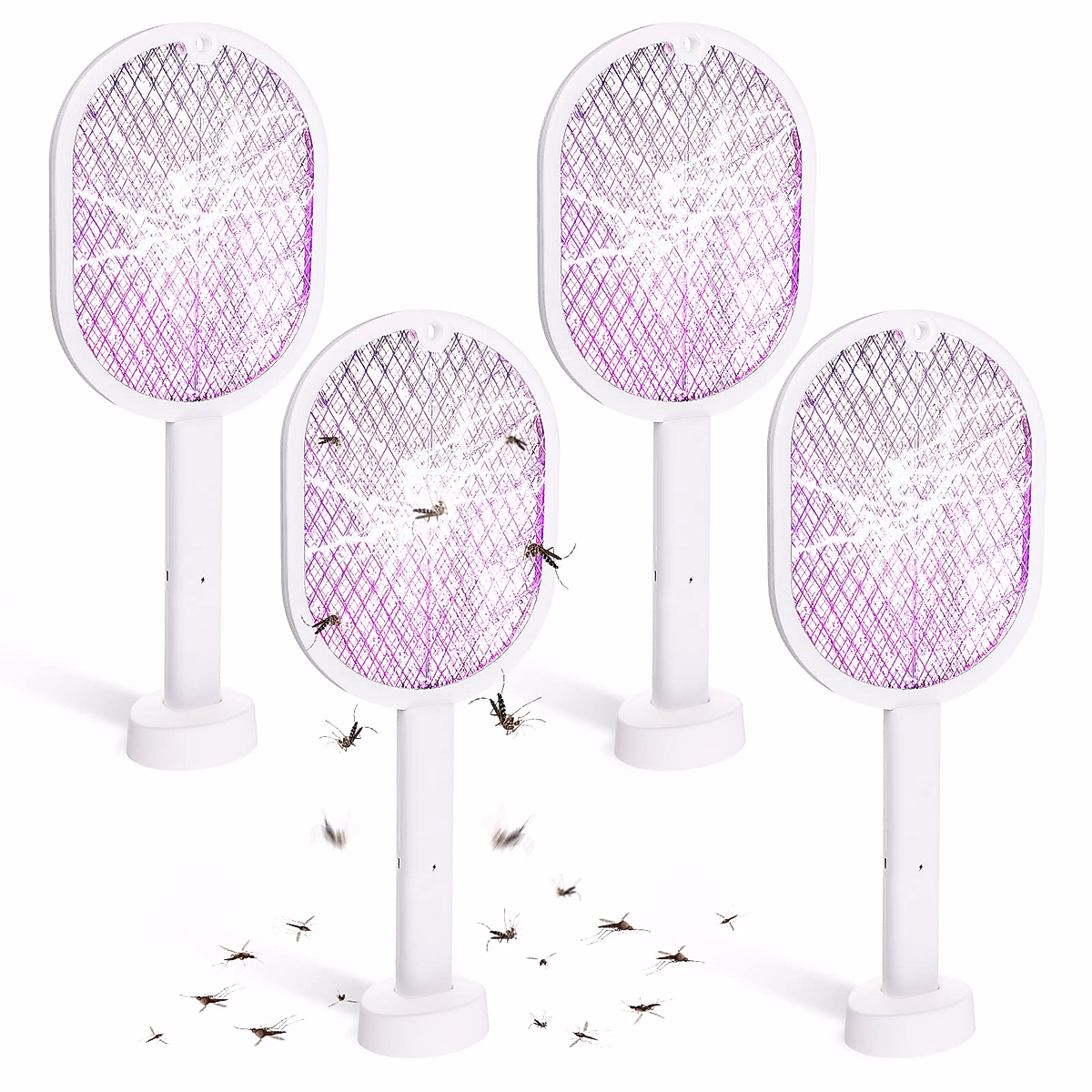 4 Pcs Electric Fly Swatter Bug Zapper Racket 2 in 1 USB Rechargeable Mosquito Racket 3000v High Powered Mosquito Killer for Indoor Outdoor Home Bedroom Kitchen Patio Office Insect