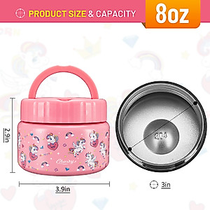 Charcy 8oz Thermo for Hot Food Kids, Wide Mouth Leak-Proof Soup Thermo, Insulated Food Jar for 4h Hot and 6h Cold - Pink Unicorn Y