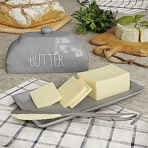Barnyard Designs Ceramic Butter Dish with Lid for Countertop, Large Butter Holder, Butter Crock for Counter, Covered Butter Dish for Refrigerator, Farmhouse Dishes Kitchen Decor, Grey, 8" x 4"