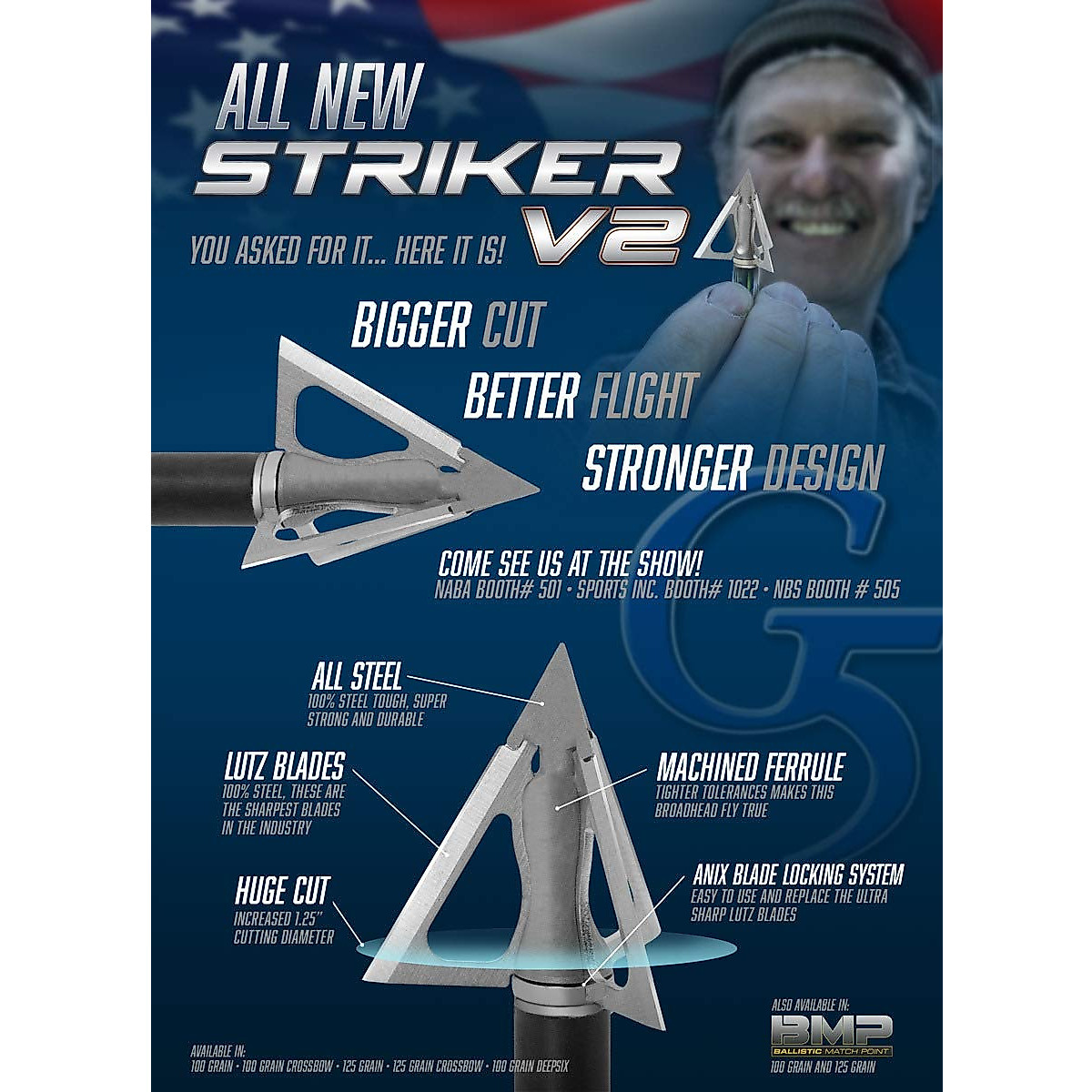 G5 Striker V2 Fixed 3-Blade Broadhead - Archery Hunting Steel Ferrule 100 Grain 1.25" Cutting Diameter Broadhead - Crossbow Version