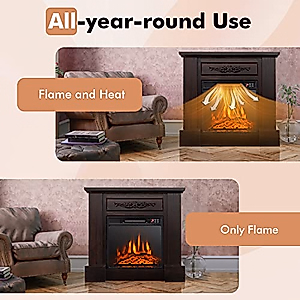 GOFLAME 32” Electric Fireplace with Mantel, Freestanding Electric Fireplace Heater with Adjustable Thermostat & Flame, Remote Control, Overheat Protection, Wooden Surround Fireplace, 1400W, Brown