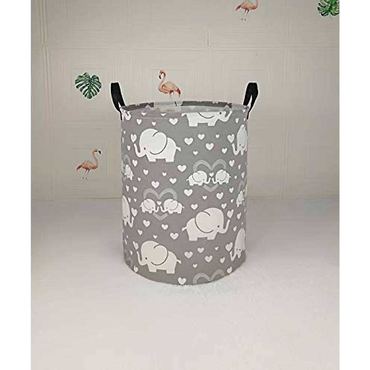 DUYIY 19.7 Inch Round Big Size Canvas Storage Basket with Handle Large Organizer Bins for Dirty Laundry Hamper Baby Toys Nursery Kids Clothes Gift Basket (heart elephant)