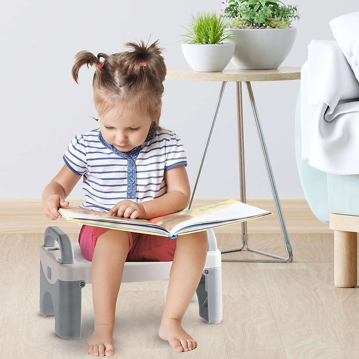 KinderSense® Foldable Step Stool for Kids with Handles - Toddler Folding Foot Stool for Bathroom Sink, Potty Training and More - Adjustable and Removable Handles