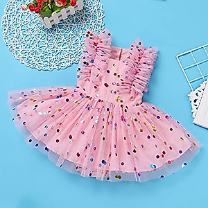 Newborn Baby Girls Tulle One Piece Romper Dress Colorful Polka Dots Print Ruffles Sleeve Bodysuit Toddler Girl Tutu Dress Birthday Photography Summer Clothes Pink Dots 12-18 Months