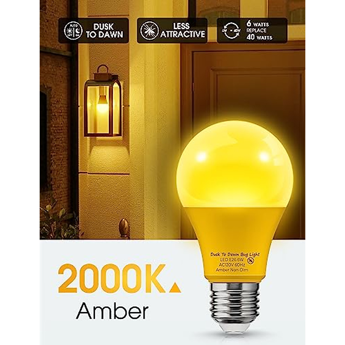 LOHAS Yellow LED Bug Light Bulbs Outdoor, Dusk to Dawn Sensor Yellow Bug Light Bulb Outside, A19 Amber Porch Light Non-Attracting, 40W Equivalent 2000K E26 Auto On/Off, for Patio Deck Backyard, 4 Pack