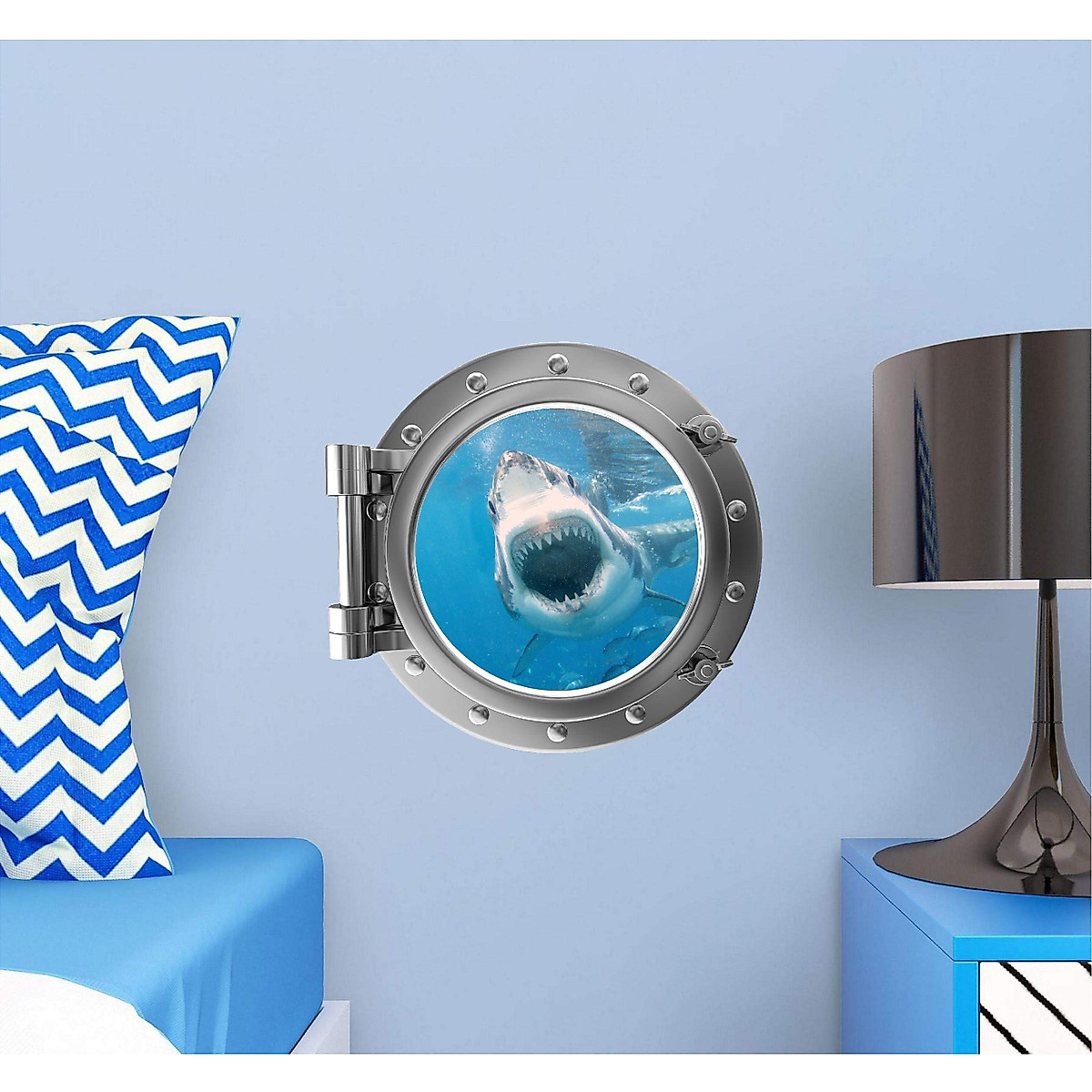 12" Port Scape Instant 3D Window Wall Sticker Great White Shark Attack Silver Porthole Wall Decal Ocean Under Water Sea Life Fish Kids Bedroom Playroom Wall Art Room Decor Removable Fabric Vinyl