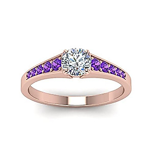 Gemsonclick Graduated Diamond Ring rose gold plated Natural Amethyst Round shape purple color Side Stone Engagement Rings prong Setting in Size 9 Party Wear Daily Wear Ornament