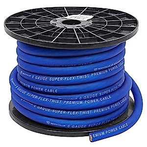 Rockville R0G50BLUE 0 Gauge 50 Foot Spool Blue Car Amp Power+Ground Wire Cable