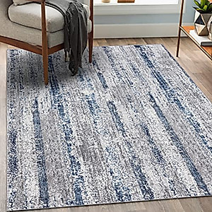 LUXE WEAVERS Modern Distressed Striped Area Rug Blue 8x10, Stain Resistant Carpet