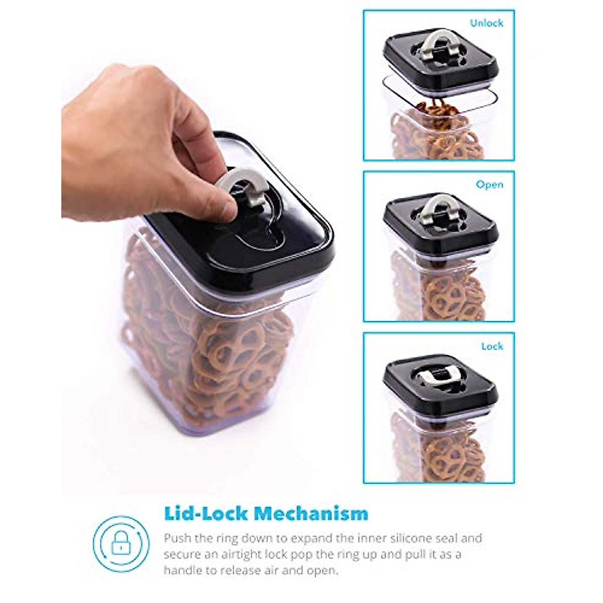 Zeppoli Air-Tight Food Storage Container Set | 5-Piece Set - Durable Plastic - BPA Free - Clear Plastic with Black Lids (2.0 qt/2.3 liters) (1.5 qt./1.7 liters) (0.9qt/1.0 liter) (0.35qt/ 0.38 liter)