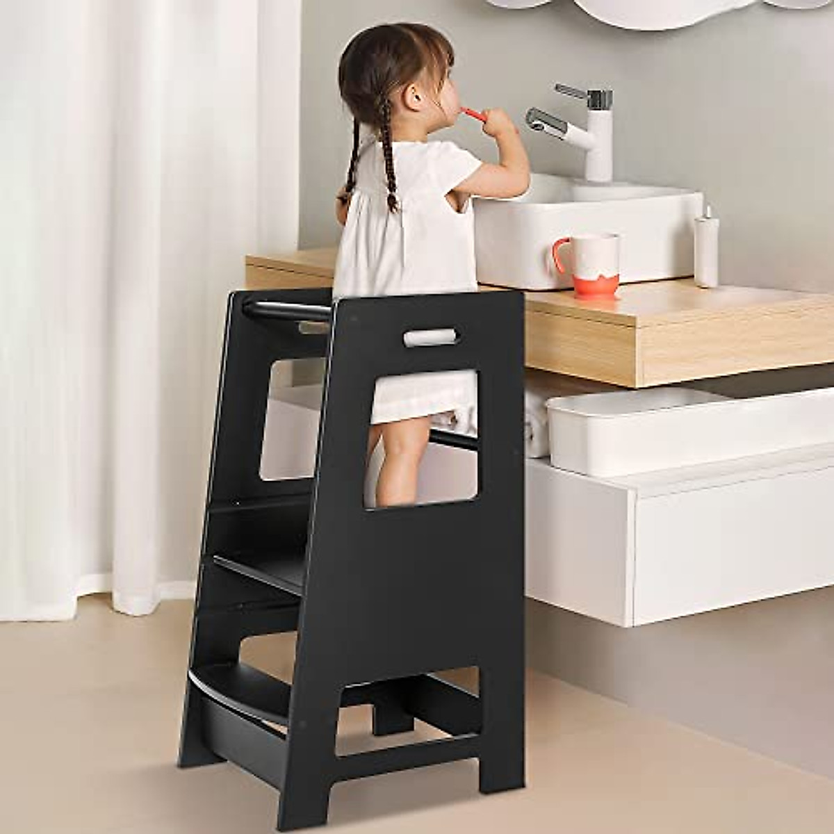 LUSIMO Toddler Step Stool Nursery Standing Tower Wooden Kids Step Stool with Safety Rail Height Adjustable Toddler Learning Tower with Anti-Slip Protection Support Up to 165lbs Black