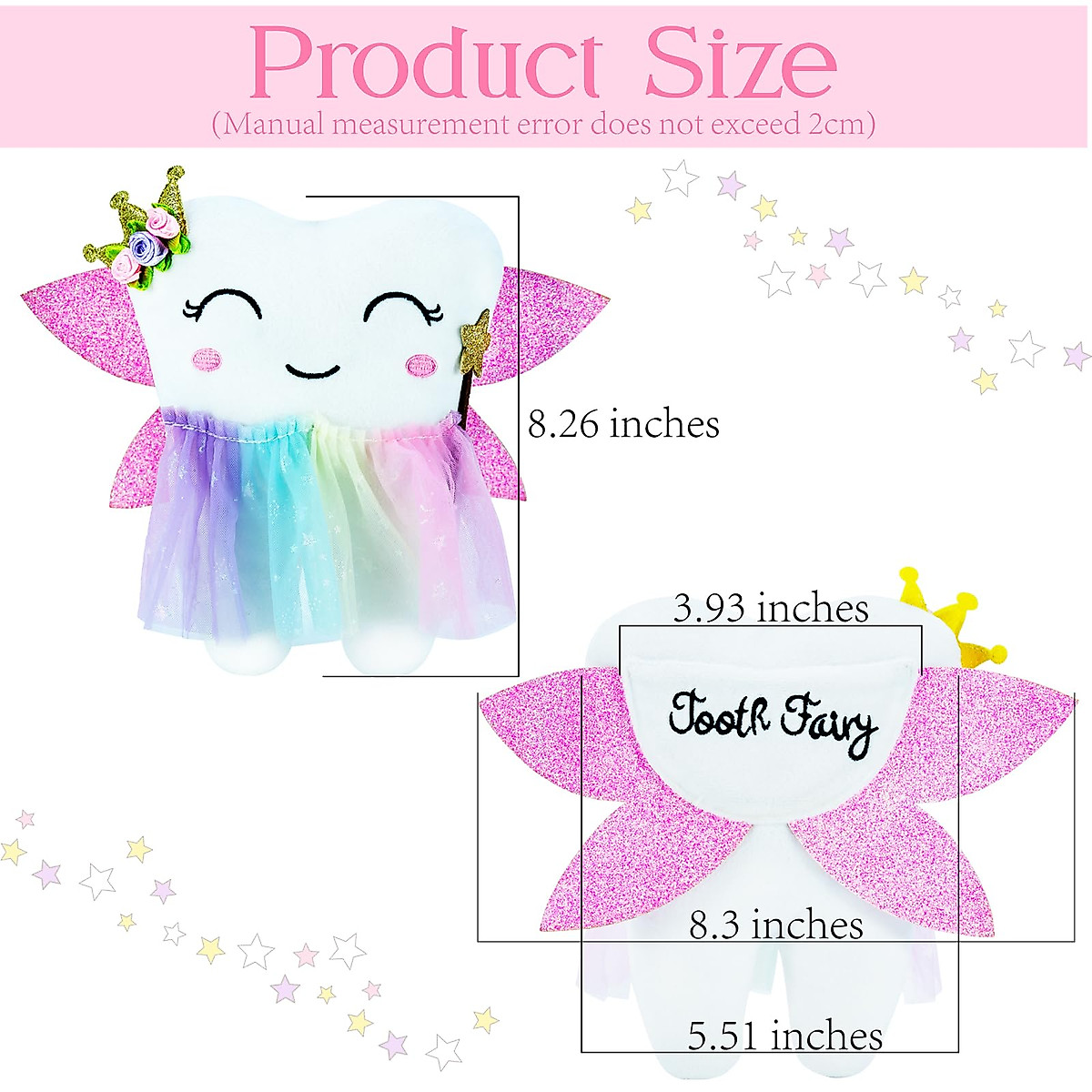 Tooth Fairy,Tooth Fairy Pillow with Shiny Wings,Tooth Fairy Pillow for GirlsTooth Pillow,Tooth Fairy Gift,Tooth Decor,Tooth Fairy Doll,Tooth Fairy Bag Keepsake (Pink Wings)